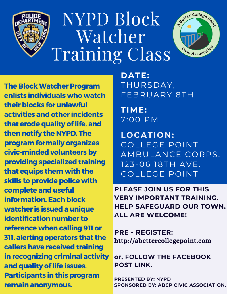Block Watcher Training – A Better College Point Civic Association